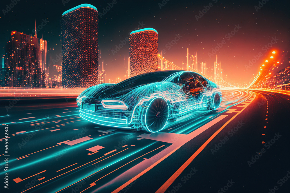 Racing sports car driving on urban city road with luxury digital ...