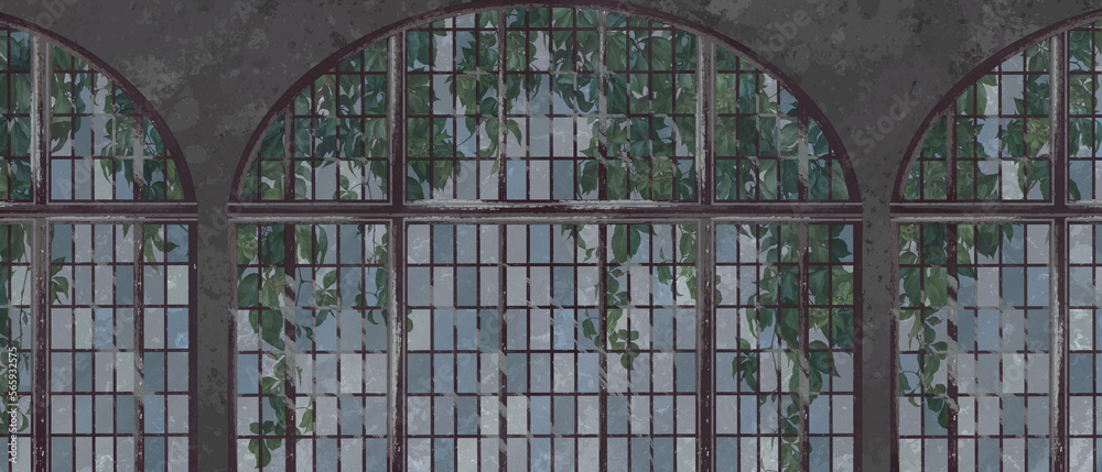 Stained-glass windows behind which you can see curly vines with leaves ...