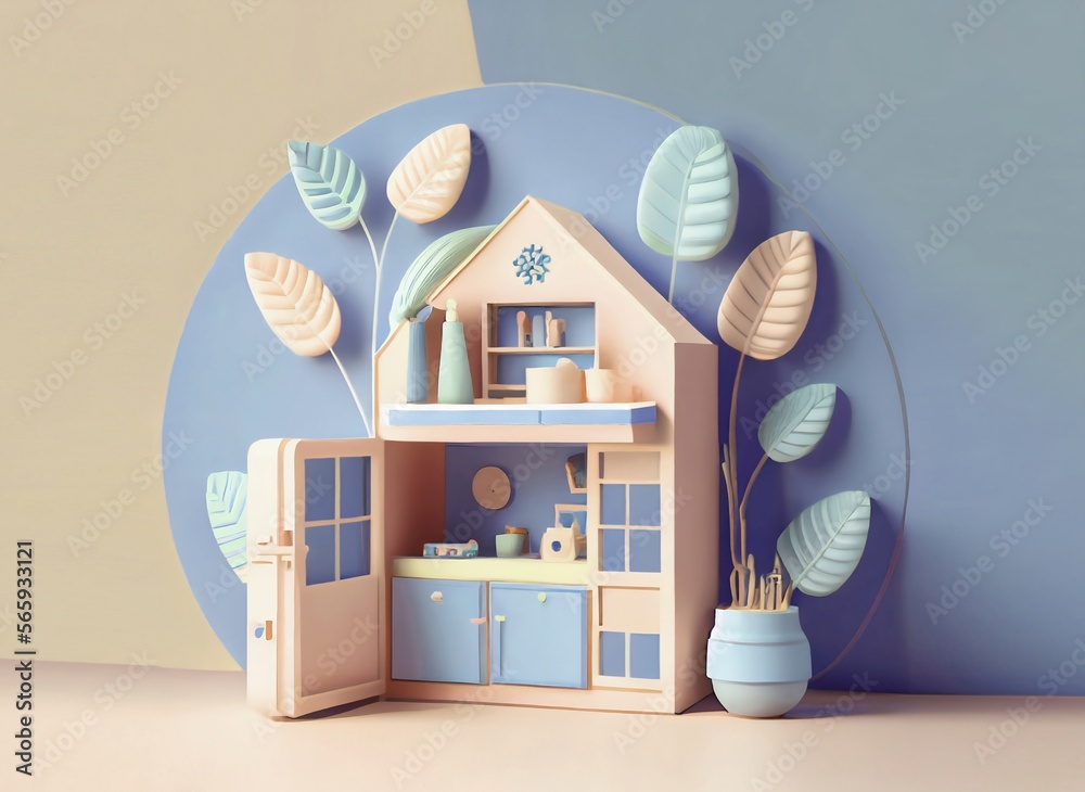 Composición 3d de casa de muñecas con hojas. Arte en papel. 3d realista ...