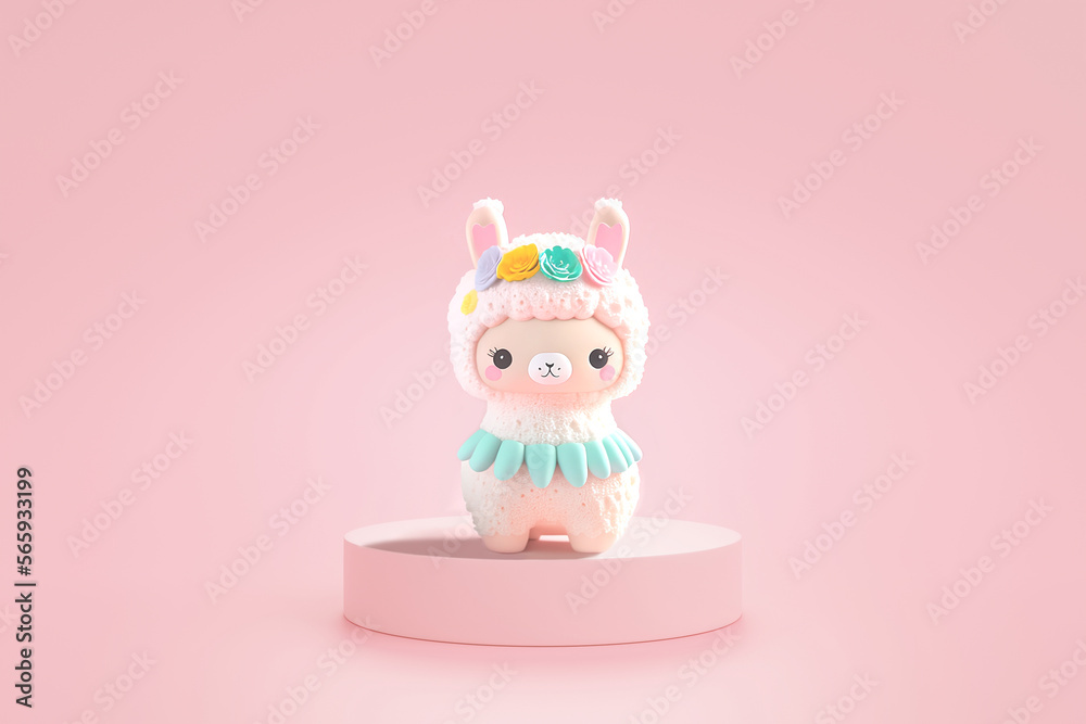 Modelo 3d de tierna llama kawaii con pedestal en fondo rosa. Generado ...