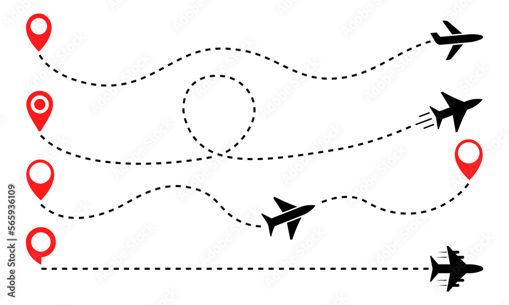 Set of airplane line route from start and finish. Flight with point to ...
