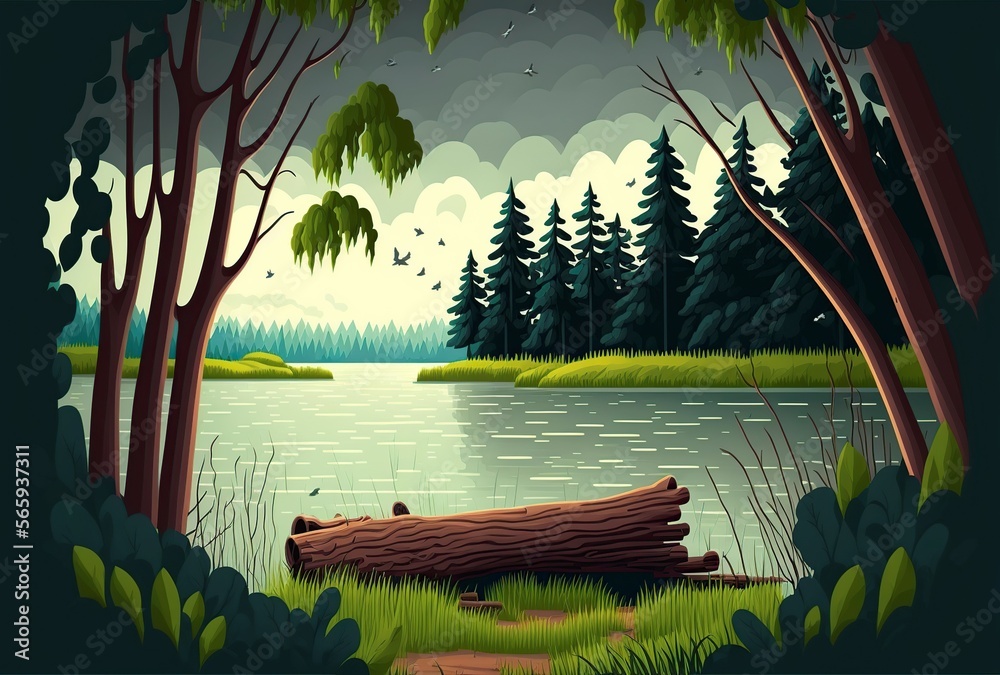 cartoon illustration, lake landscape with trees raining,generative AI ...