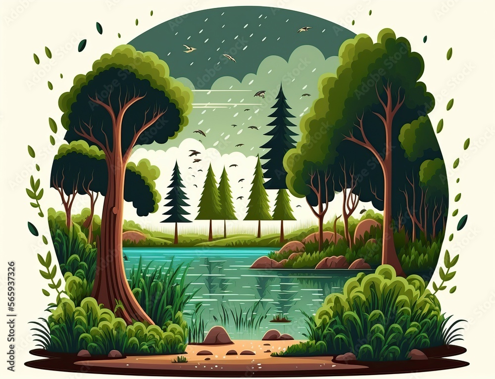 cartoon illustration, lake landscape with trees raining,generative AI ...