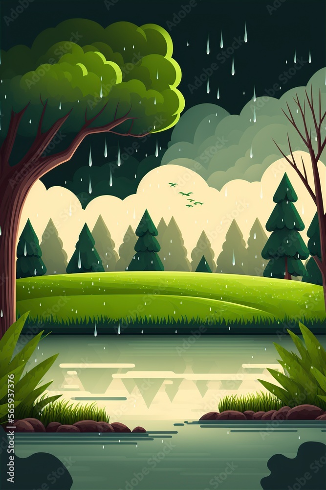 cartoon illustration, lake landscape with trees raining,generative AI ...