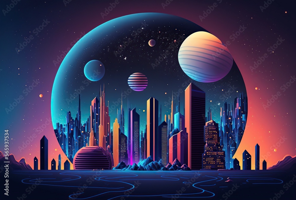 cartoon illustration, futuristic city, metaverse concept ,generative AI ...