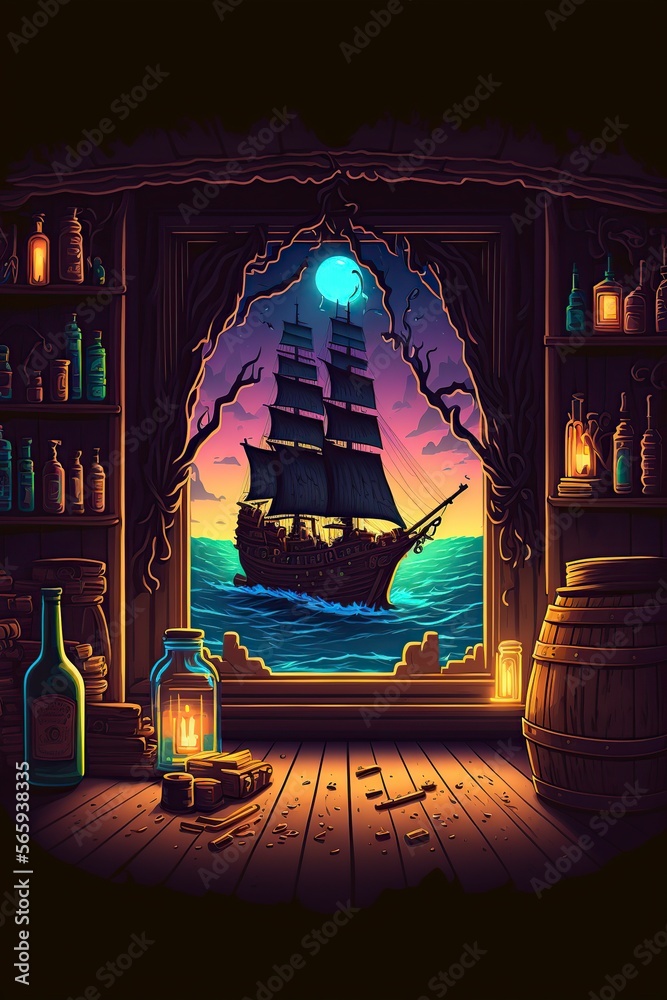 cartoon illustration, cabin of a pirate ship, generative AI Stock ...