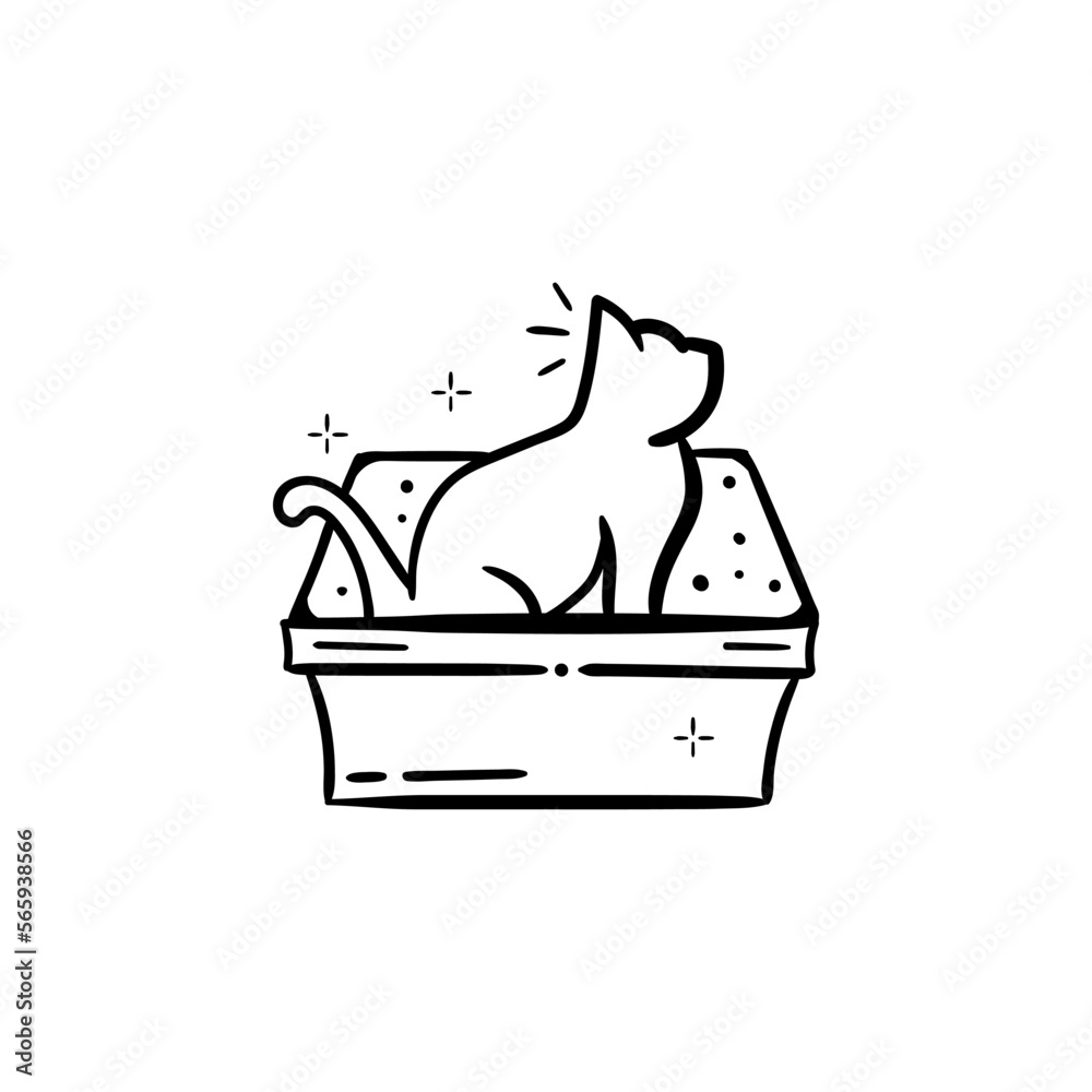 Cat poop in the sand box icon doodle line drawing vector illustration ...