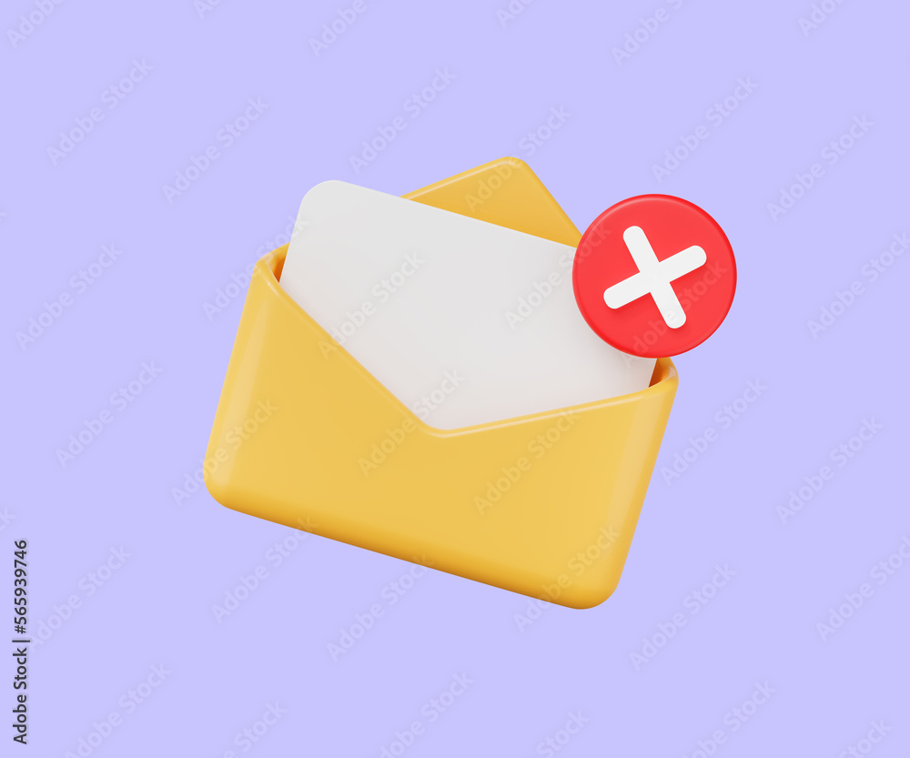 3D Mail sign with red cross x. Email rejected letter, unsubscribe ...