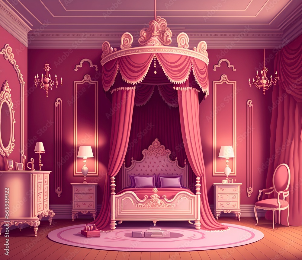 cartoon illustration, princess room, at home, palace or castle ...