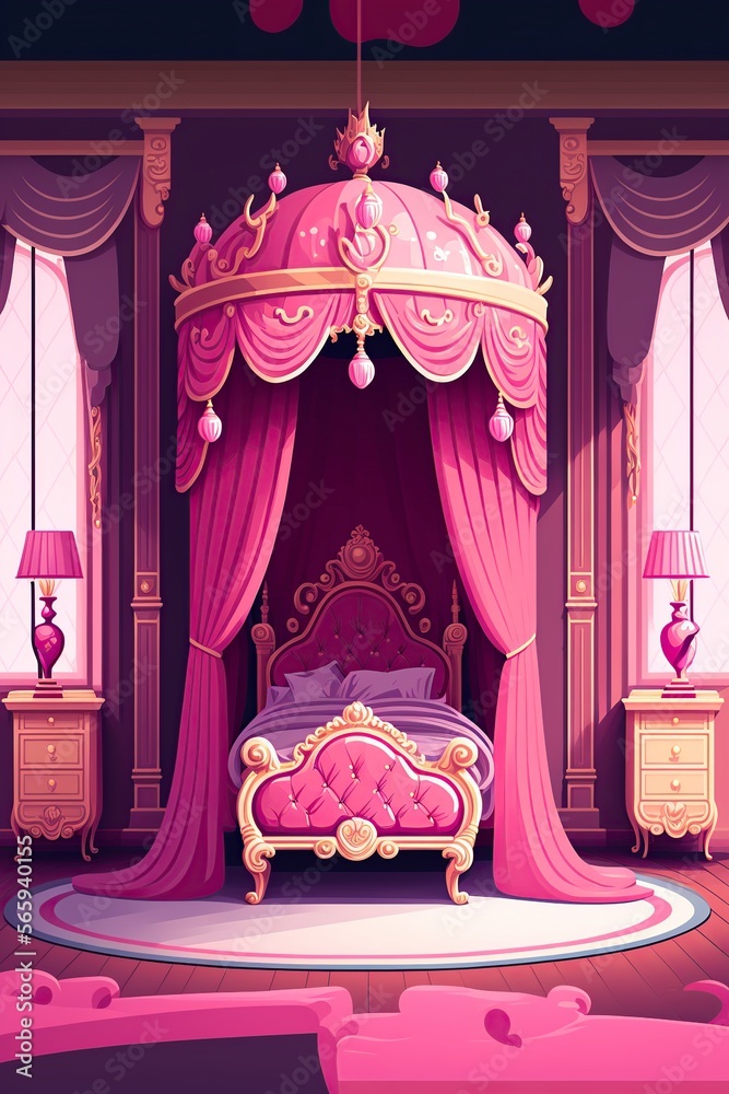 cartoon illustration, princess room, at home, palace or castle ...