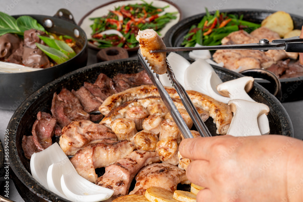 Korean food dishes 소 내장 구이 Grilled beef intestines Stock Photo | Adobe ...