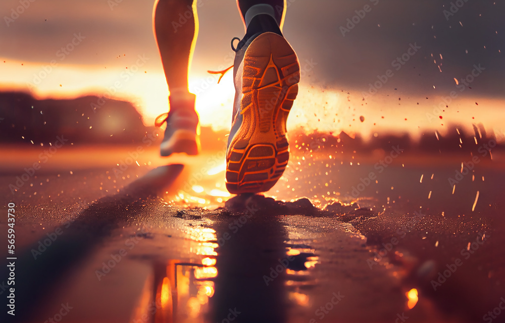 Close up on shoe, Runner athlete feet running on road under sunlight in ...