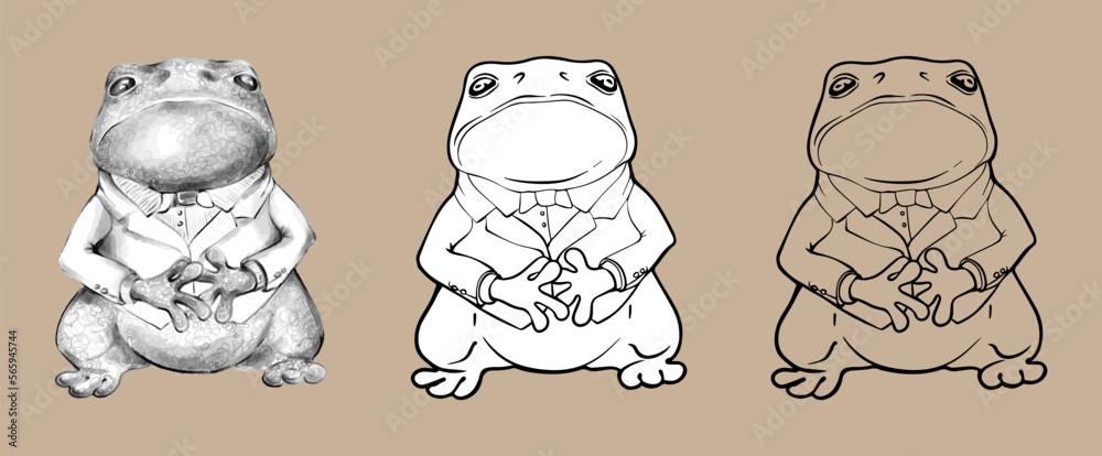 Cute cartoon frog, vector black and white hand-drawn drawing. For ...