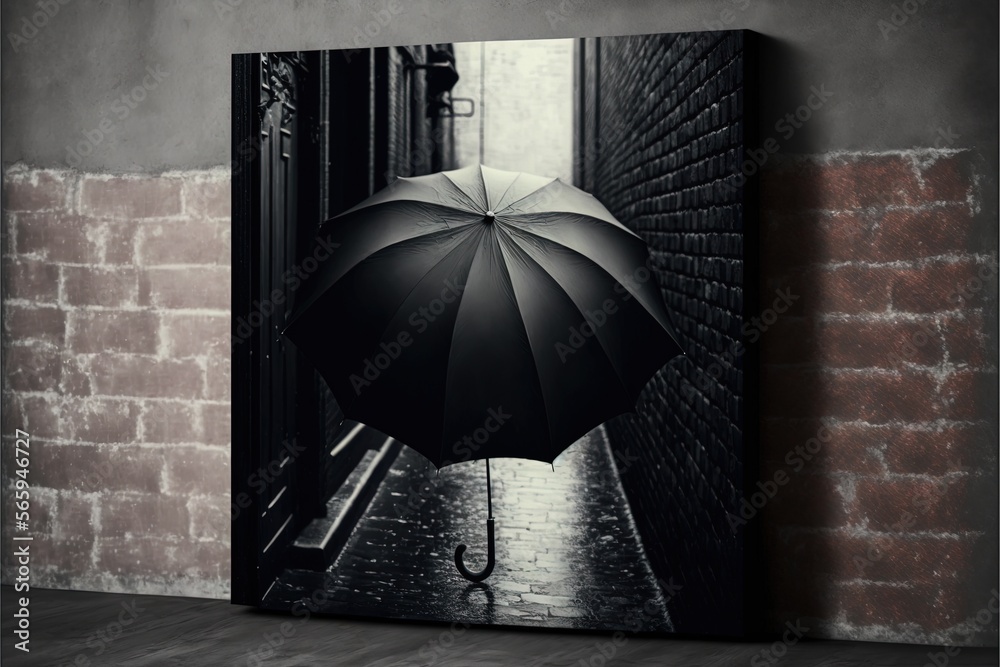 a black and white photo of an umbrella on a brick wall in a room with a ...