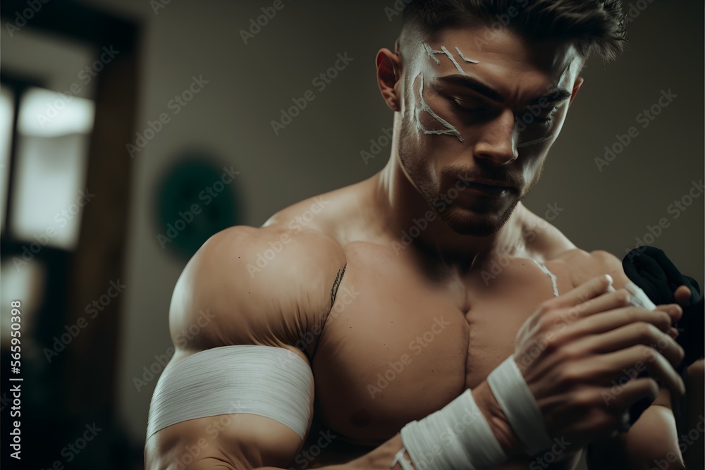 a muscular 25 year old man applying medical tape to his own arm Unreal ...