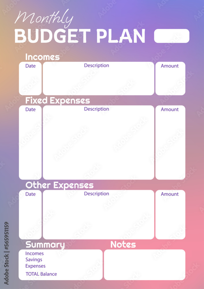 Monthly budget planner template vector illustration. Printable A4 ...
