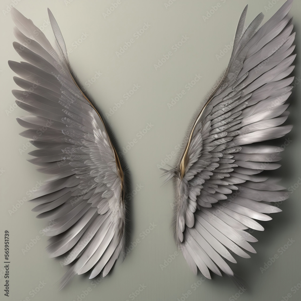 Generative AI: realistic angel wings background with a white wing of a ...