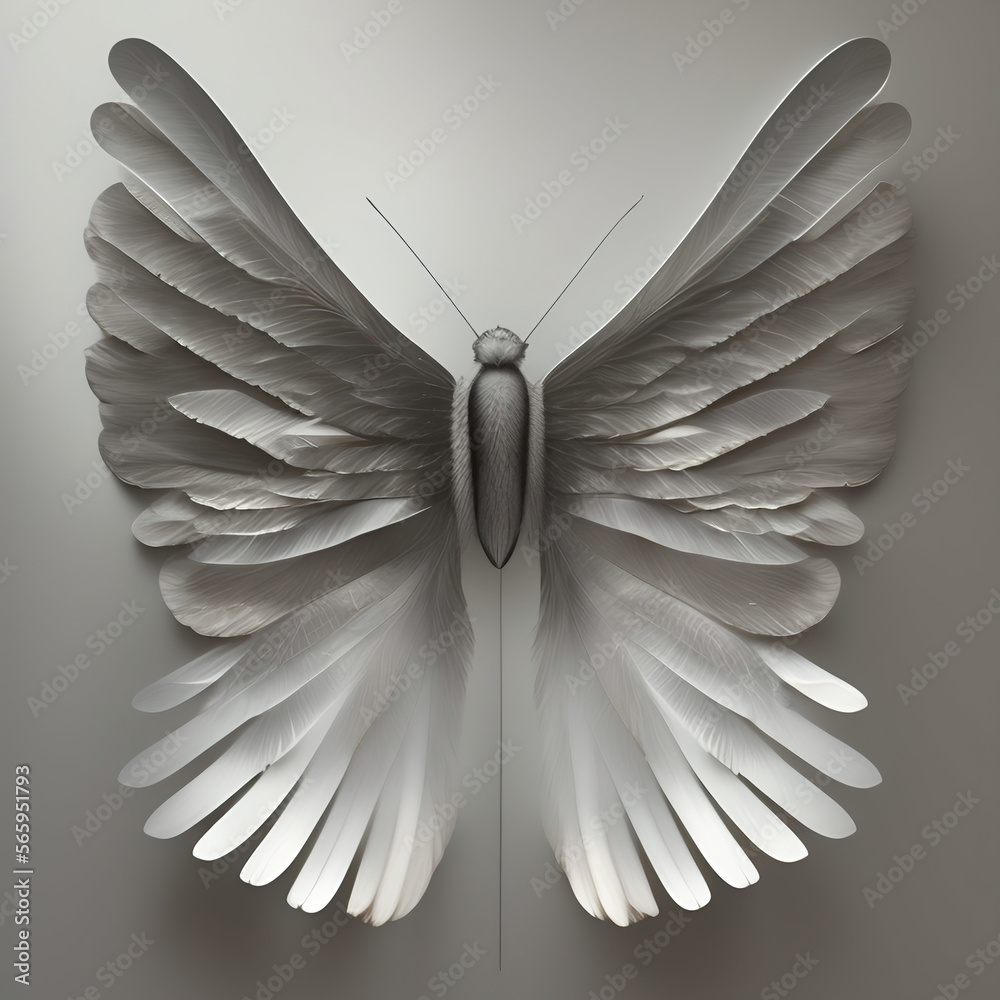 Generative AI: realistic angel wings background with a white wing of a ...
