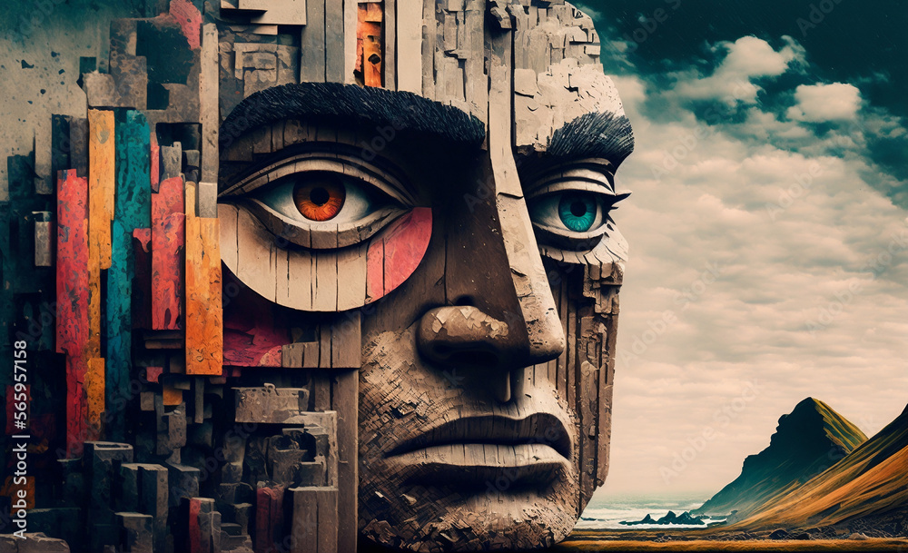 Fictional giant wooden statues representing guarding spirits of the ...