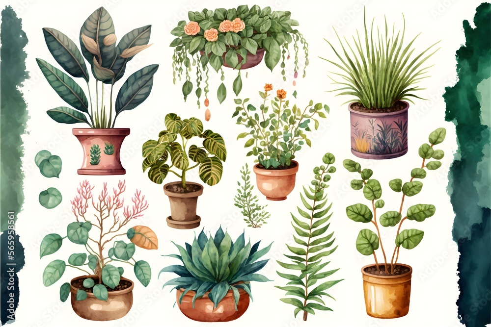 Watercolor house plants set isolated on white. Botanical illustration ...