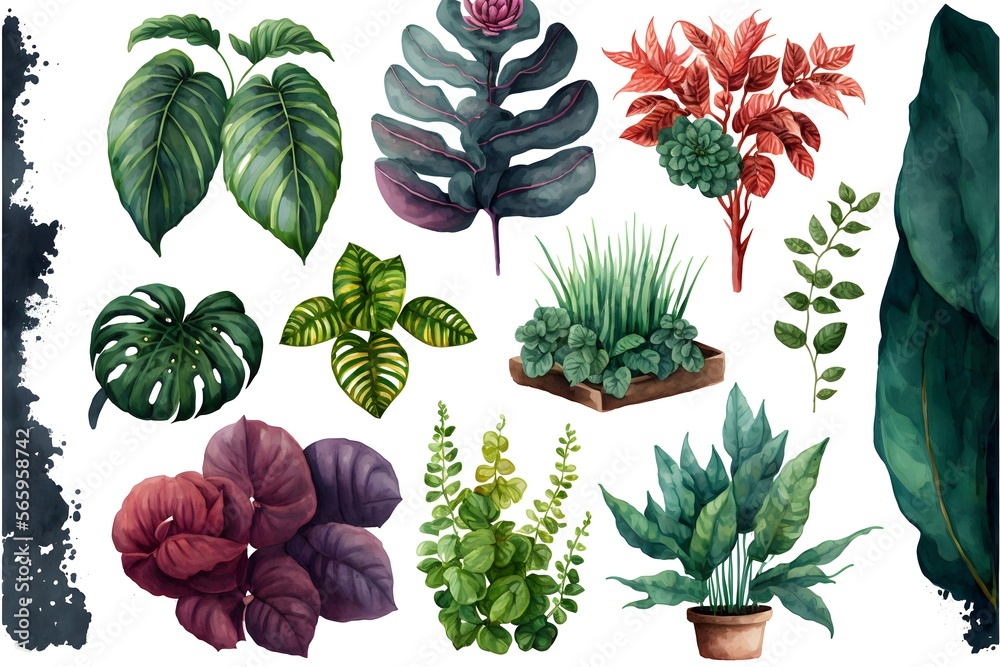 Watercolor house plants set isolated on white. Botanical illustration ...