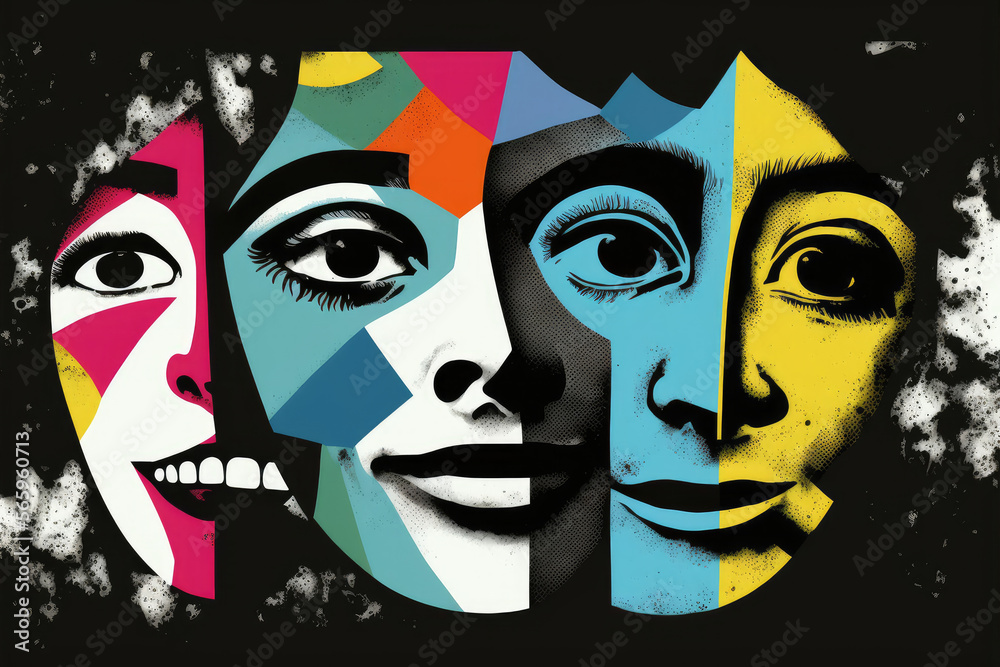 Abstract human many faces expression, dark emotion and uncertain mental ...