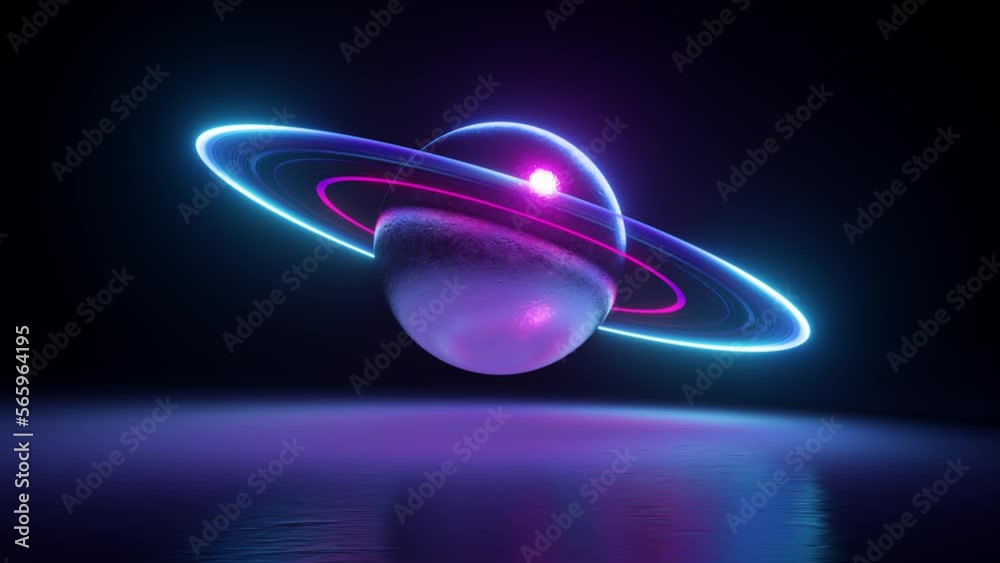 looping 3d animation of abstract saturn planet with neon rings spinning ...