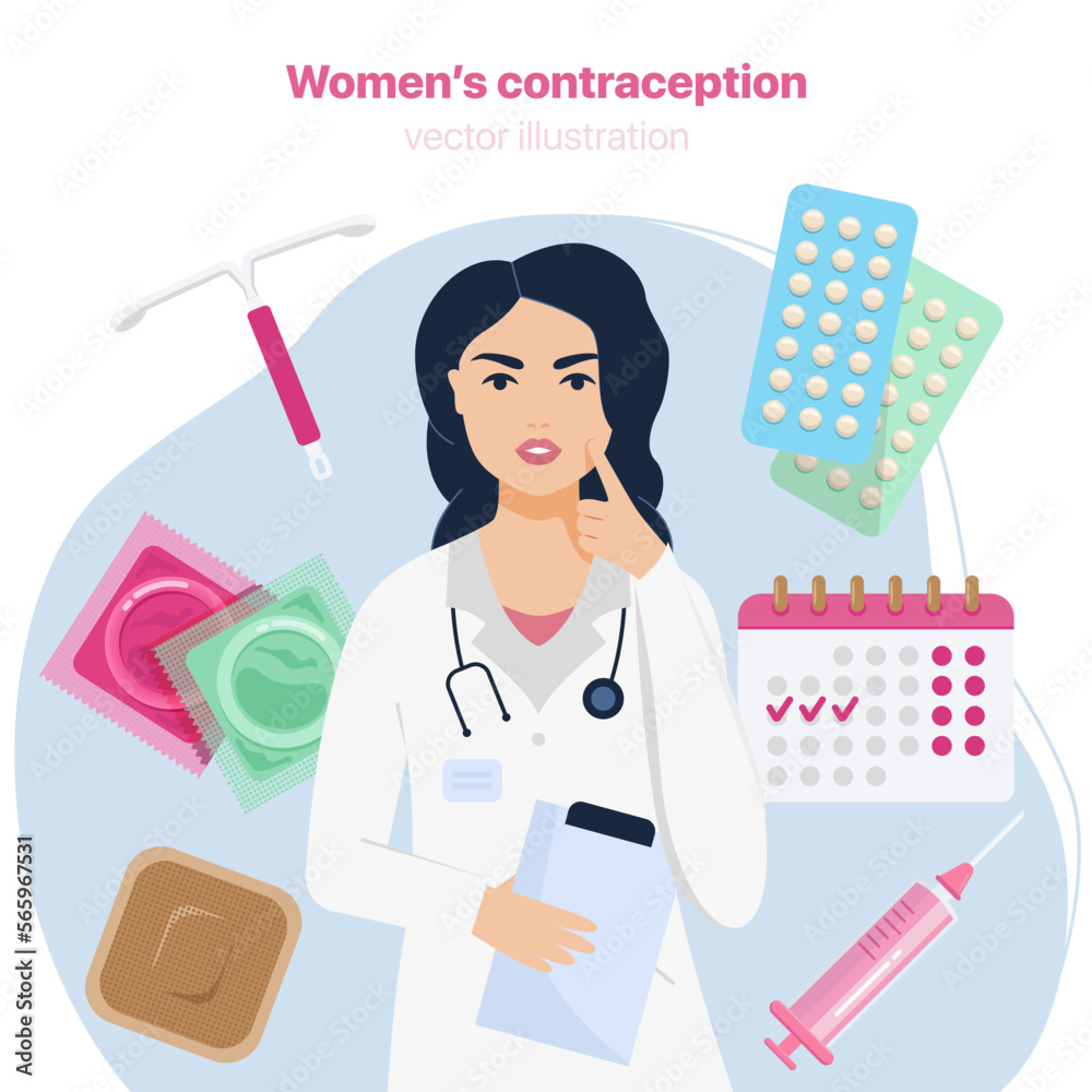 Different types of female contraception. Concept of woman that are ...
