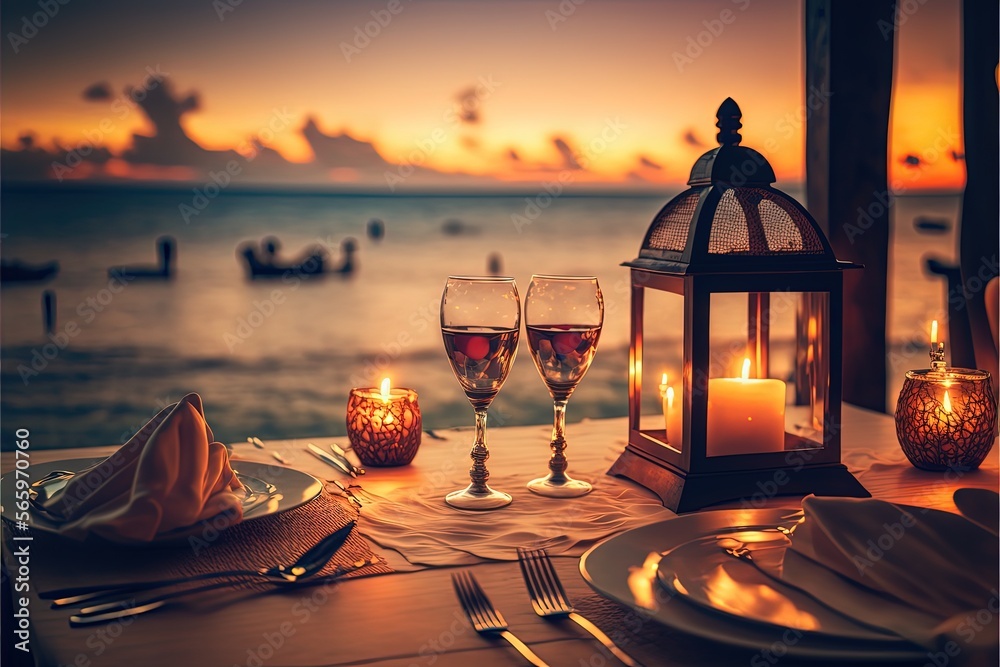 Luxury Romantic Candlelight Dinner Table Setup For Couple In Ocean View