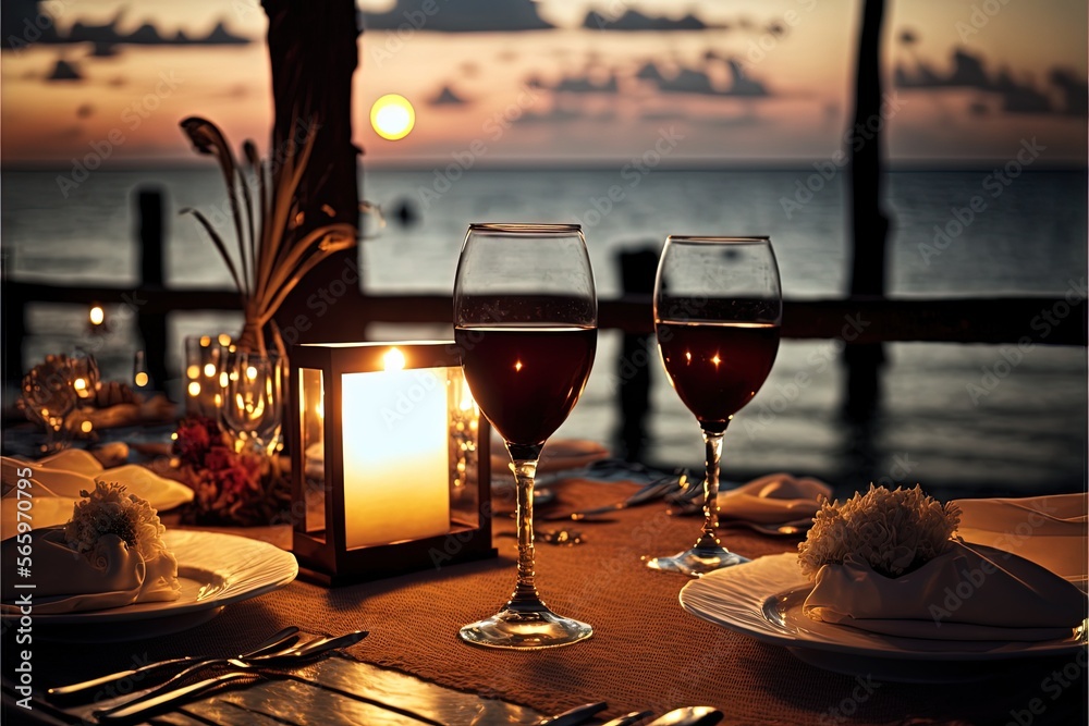 Luxury romantic candlelight dinner table setup for couple in ocean view ...