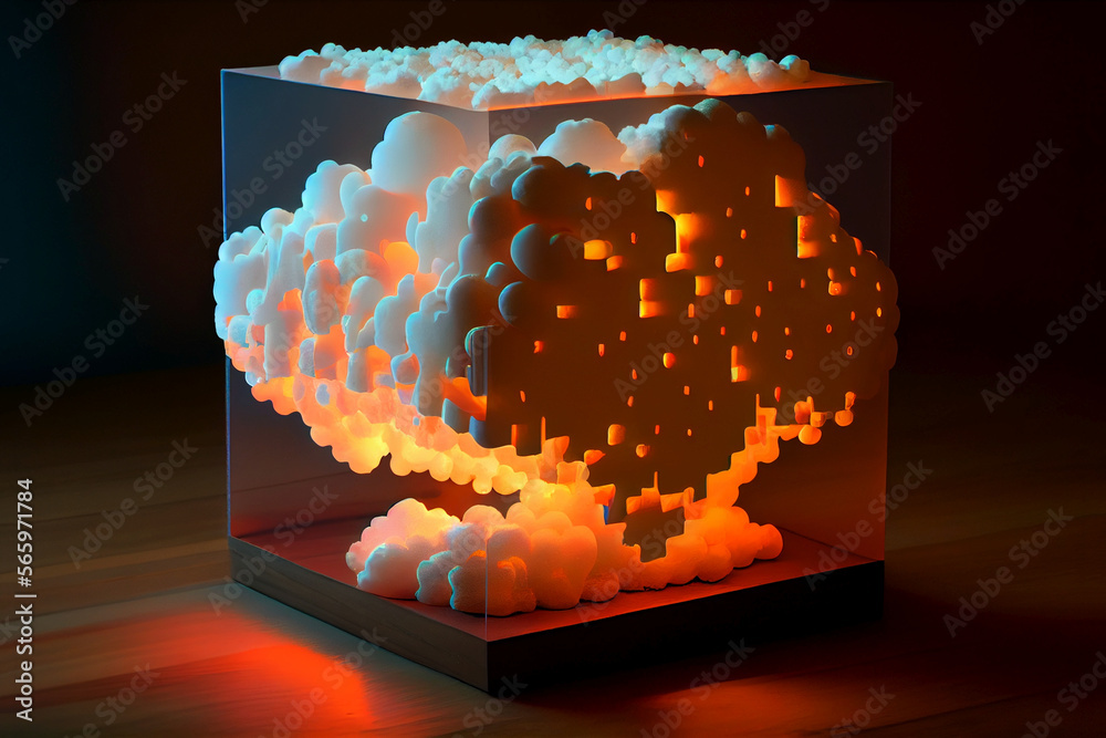 Abstract digital voxel cloud inside of transparent square of glass ...