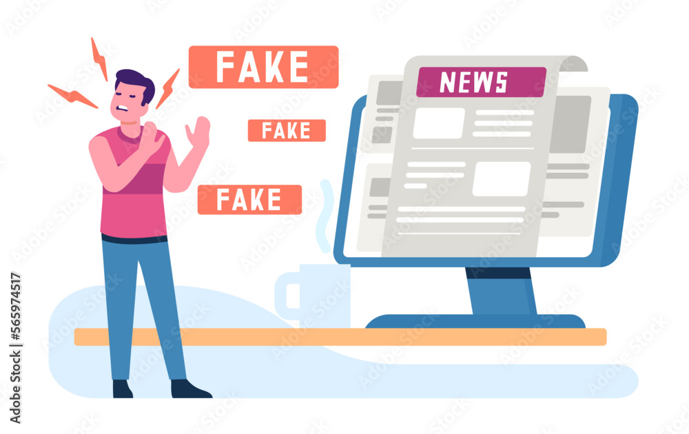 Fake news. Fabrication of information. Newspapers disinformation. Panicked man. False computer ...