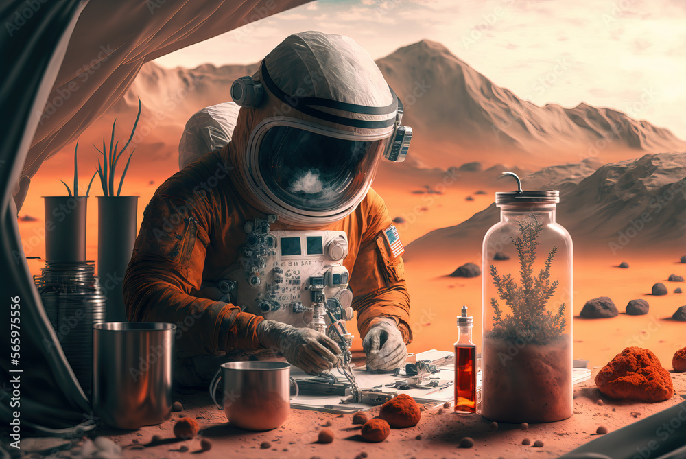Astronaut growing plant, agriculture and farming on alien planet ...