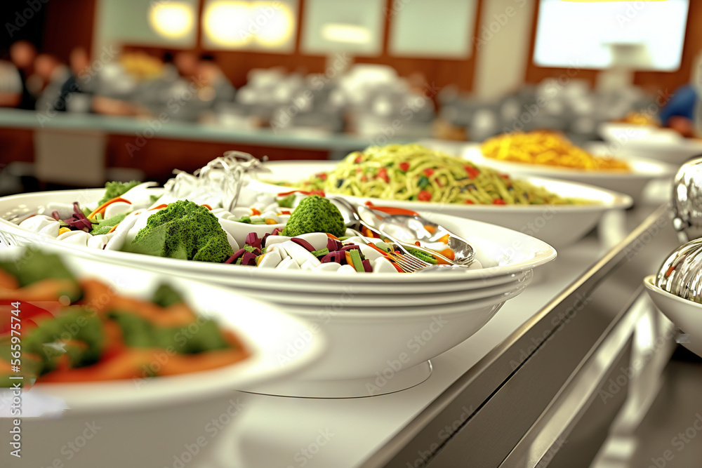 a buffet with bowls of food on the counter and people in the background ...