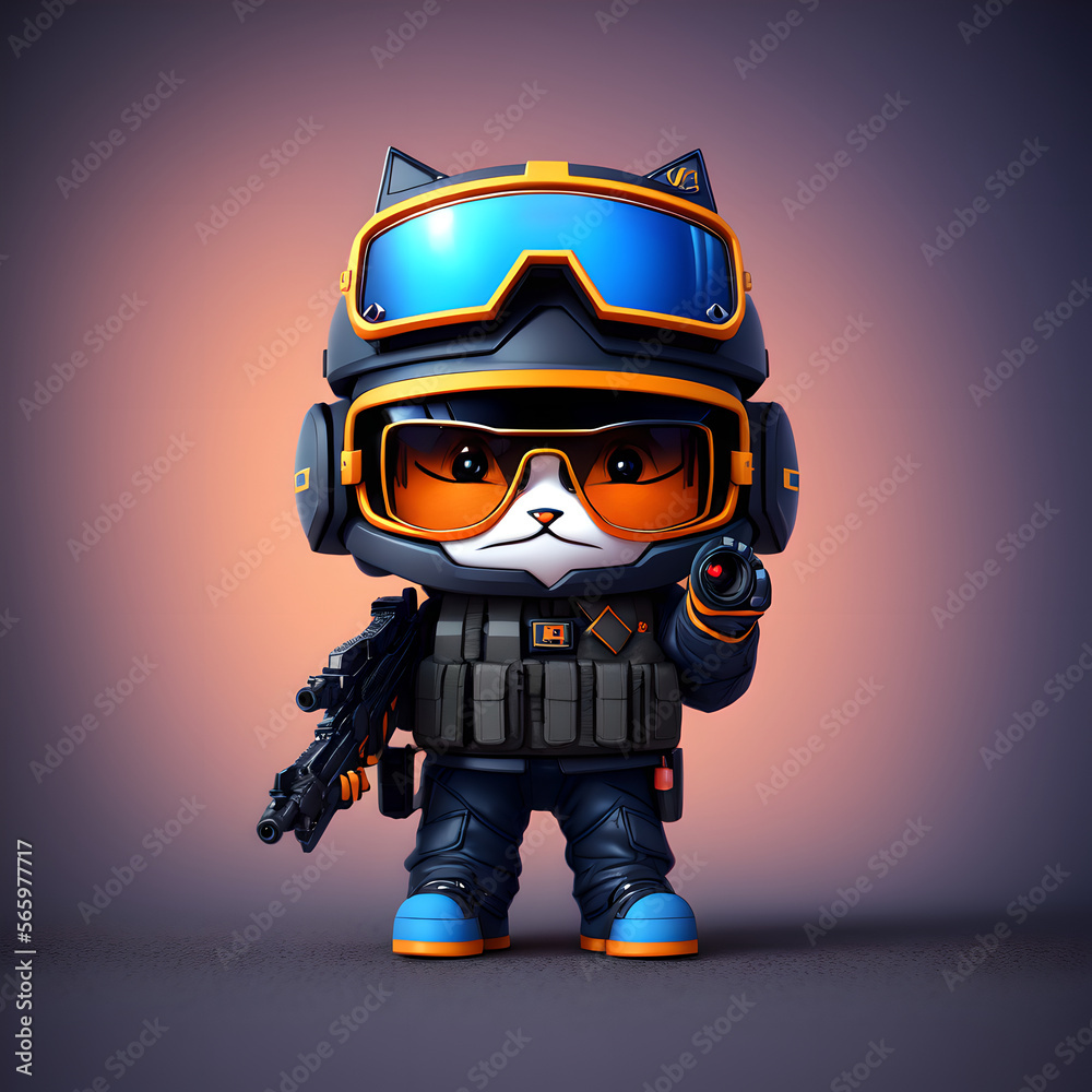 A mini feline action figure dressed in a special ops helmet, AI ...