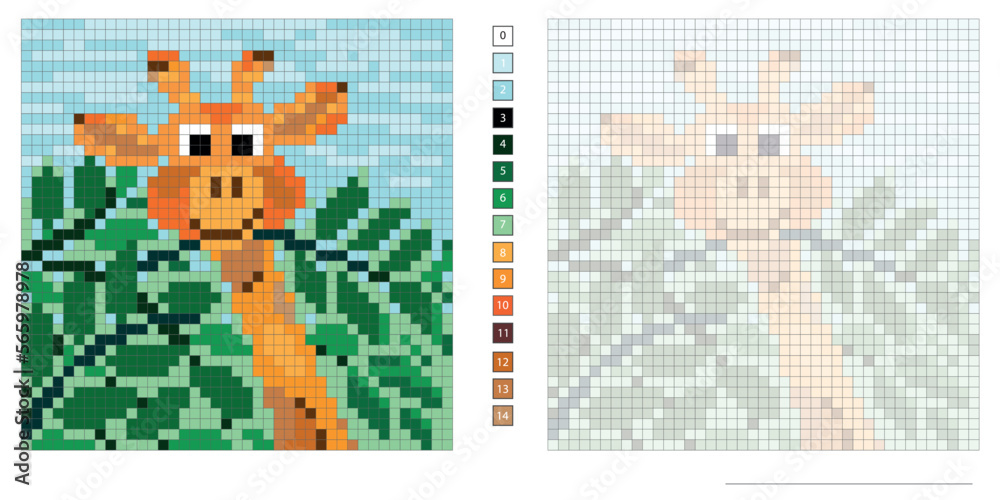 vector pixel illustration, giraffe among the leaves, coloring book ...