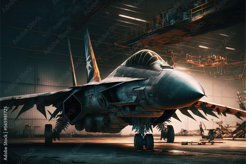 a fighter jet sitting inside of a hangar next to a hangar door with a ...