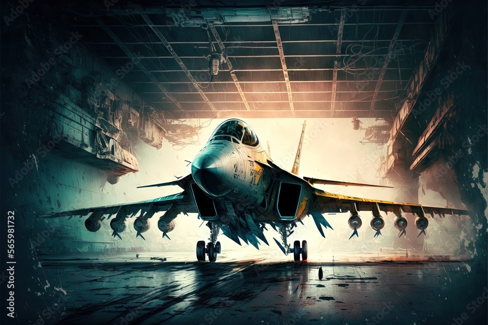 a fighter jet sitting inside of a hangar next to a man standing in ...