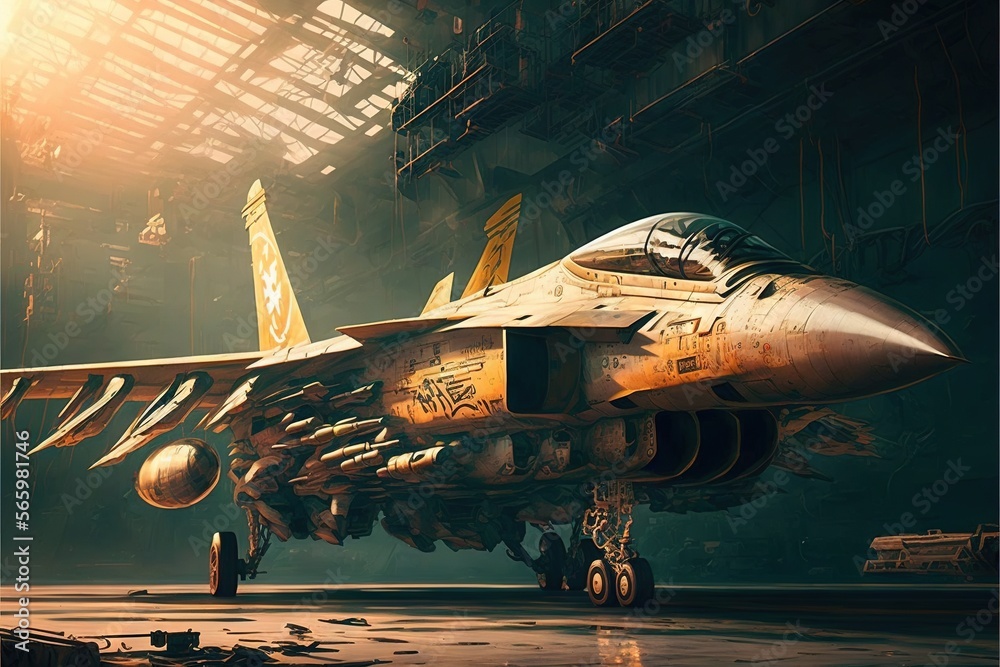 a fighter jet sitting on top of an airport tarmac under a yellow light ...