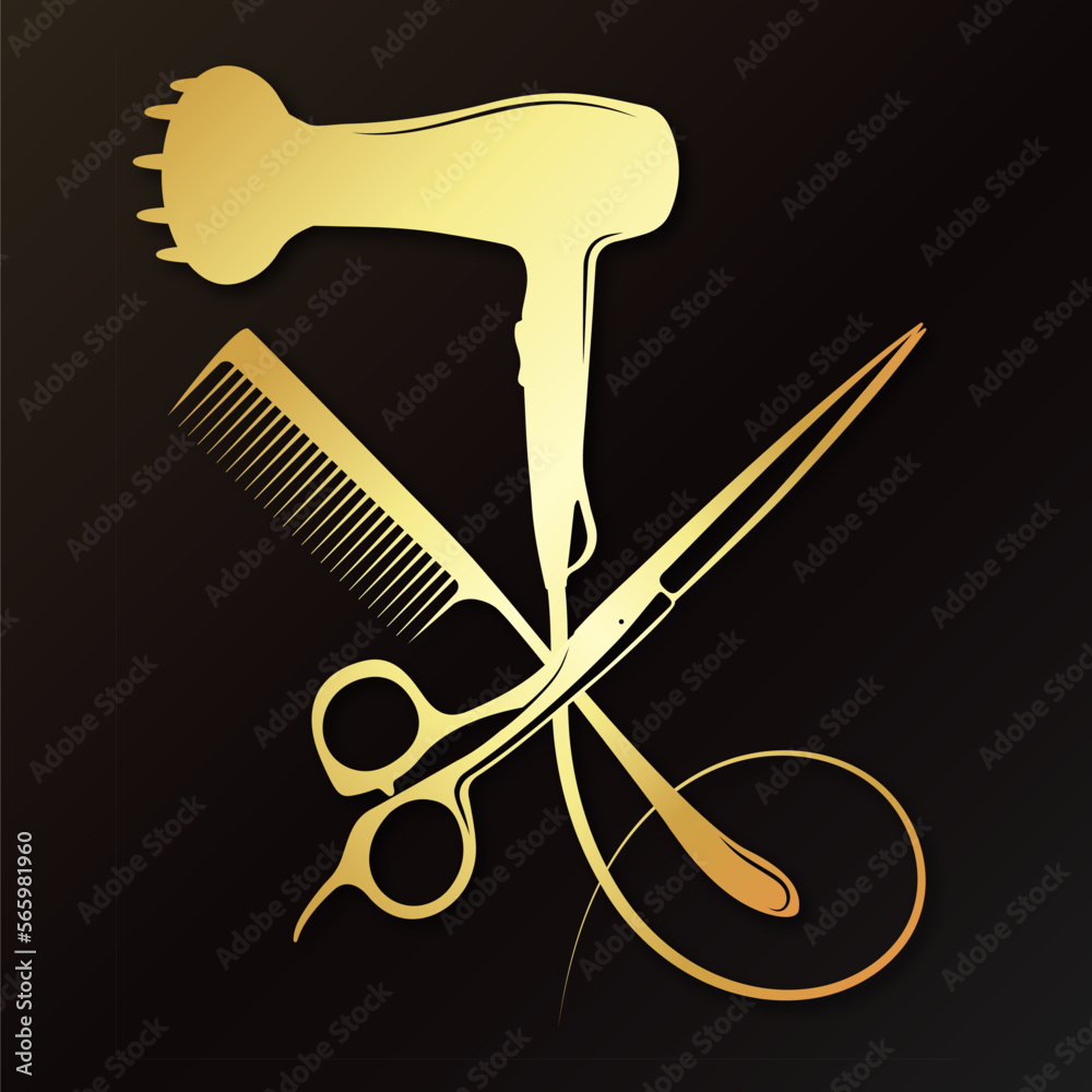 Comb scissors and hair dryer silhouette. Gold symbol for hair stylist ...