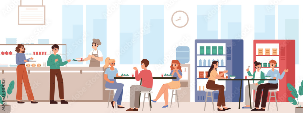 Students canteen or cafeteria. Boy girl on lunch in cage, student group ...