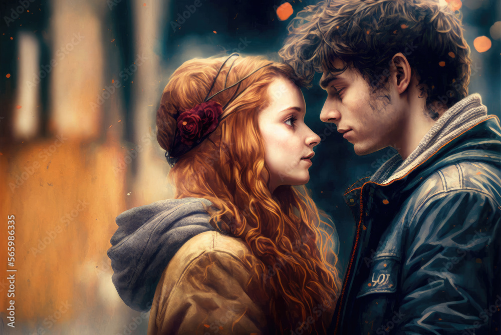 First love story. Young girl and young man standing together falling in ...