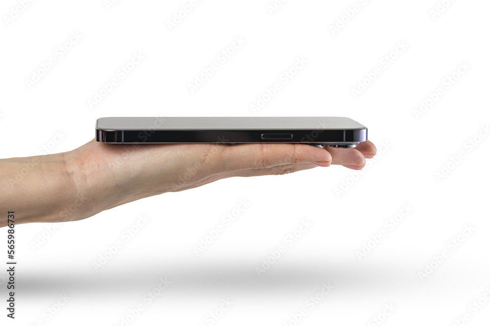 Phone in hand isolate on PNG transparent background. A modern ...