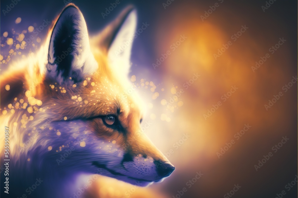 a painting of a fox with yellow spots on its fur and a black background ...