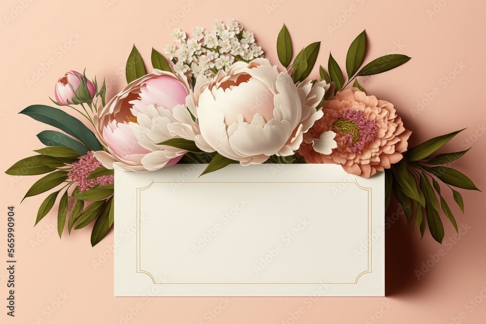 Blank greeting card template with flowers around. White paper card ...