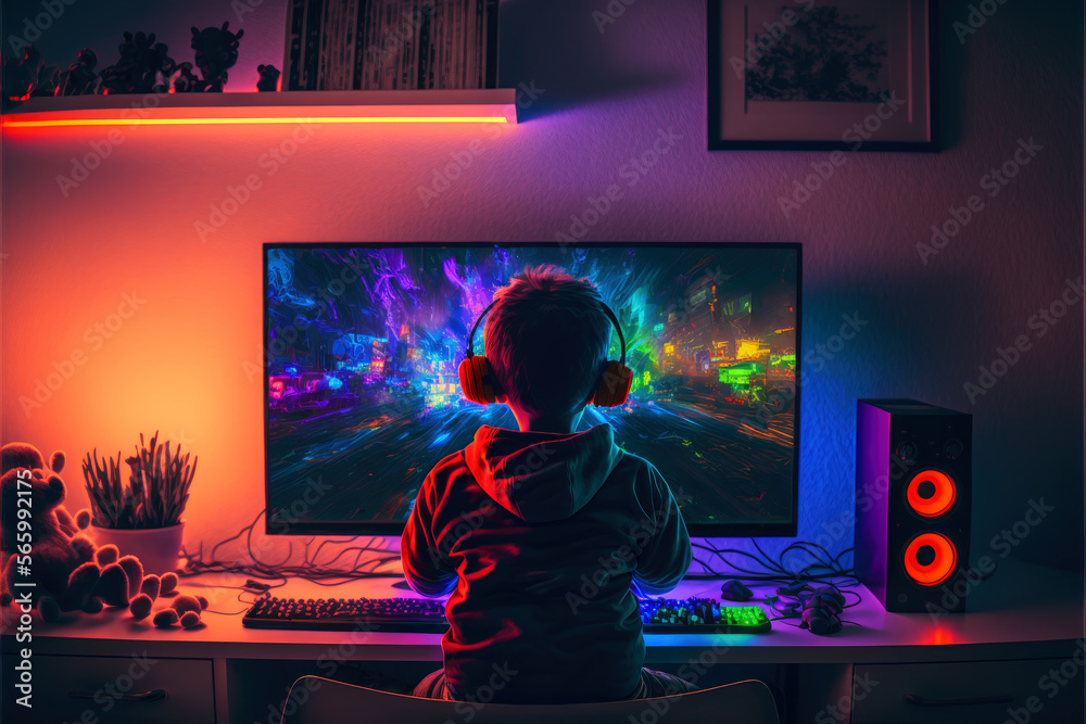 Back view of a young boy playing videogames and watching a huge ...