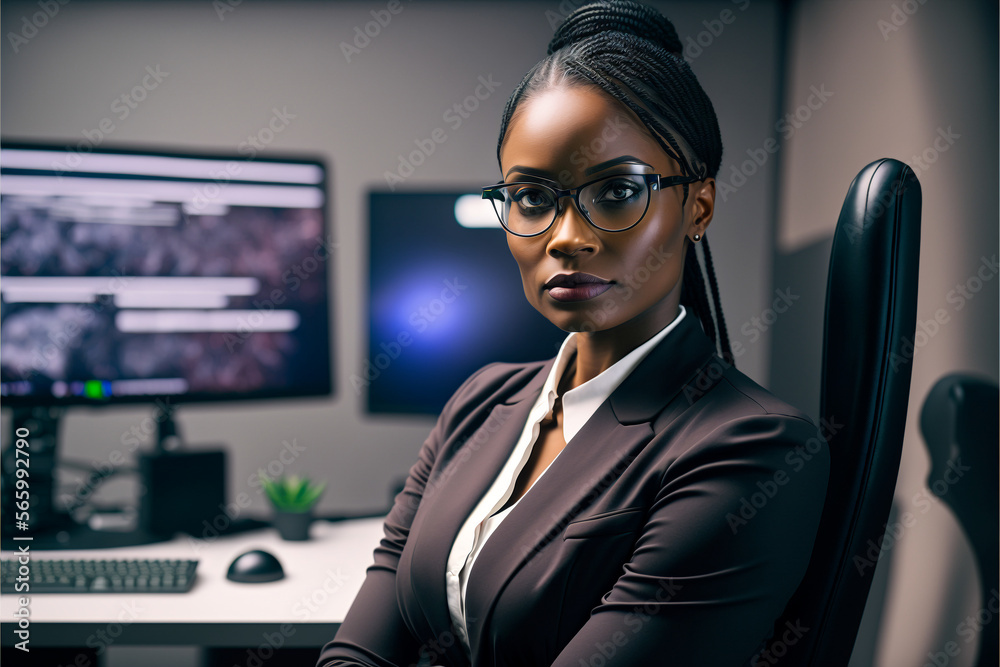 a random black woman with glasses in a suit in an office standing in ...