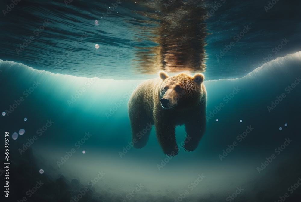 Brown grizzly bear floating under the surface of water hunting for fish ...