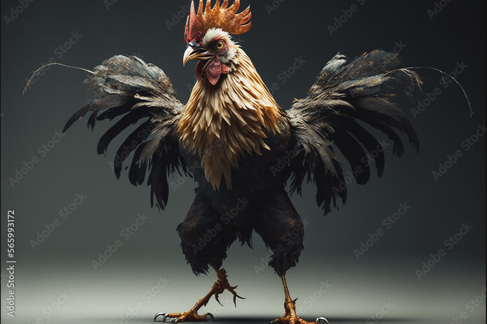 Tough rooster chicken with sharp talons standing up and spreading his ...