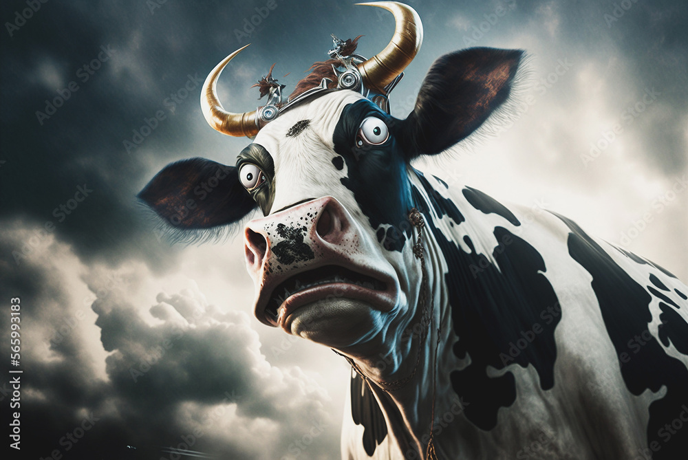 Poster Crazy looking cow with wide eyes. Mad cow disease. Generative AI ...